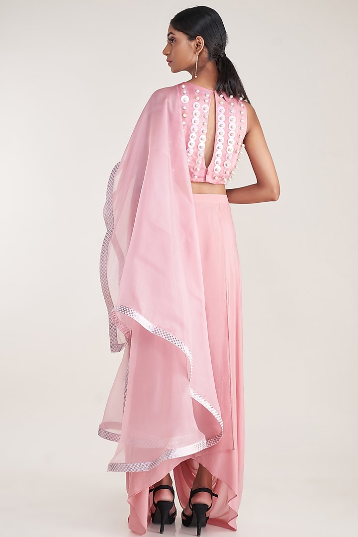 Rose Pink Pure Natural Crepe Pre-Stitched Dhoti Saree Set by Pooja ...