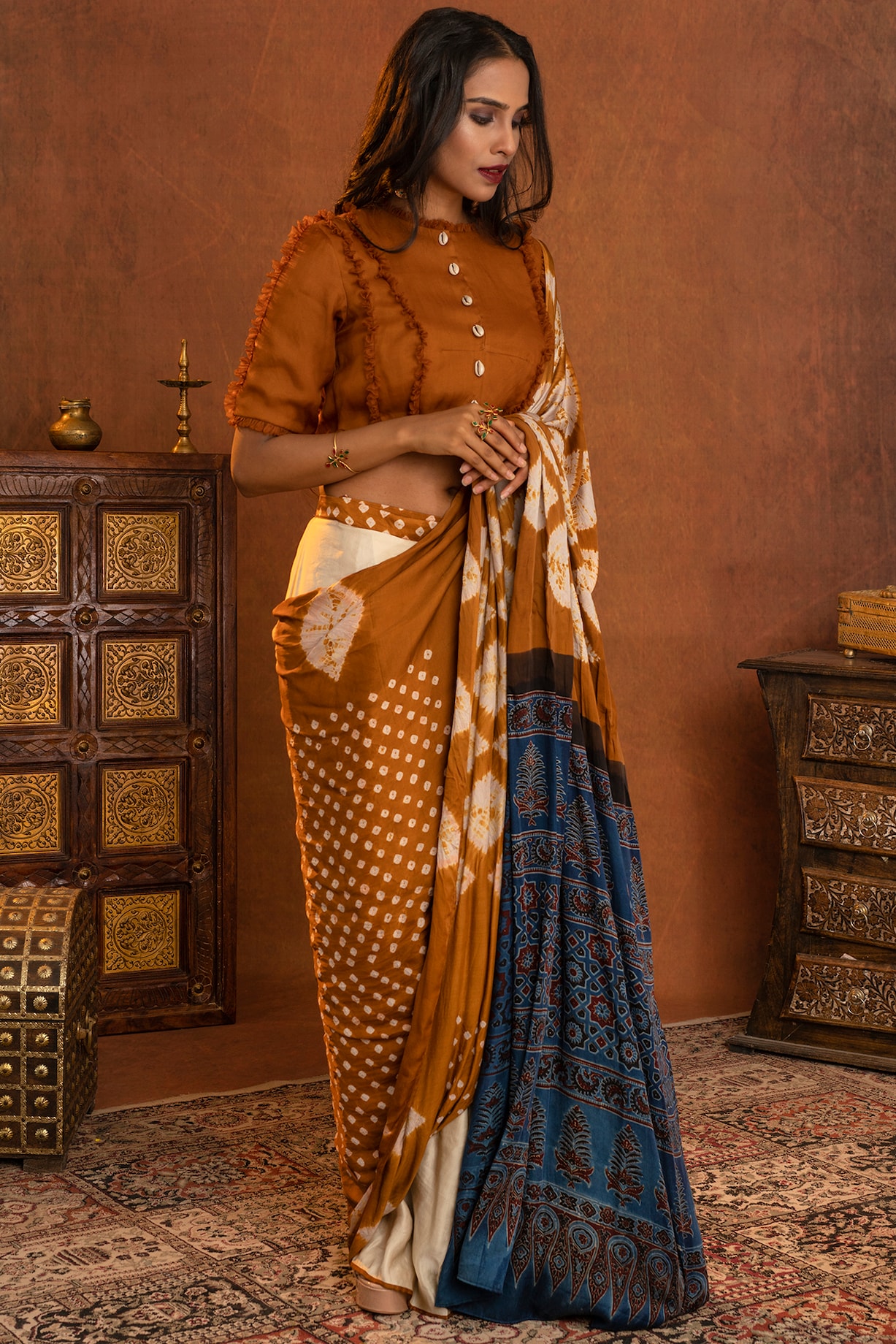 Gold Pre-Stitched Wrap Saree Set by Pooja Bagaria at Pernia's Pop Up ...