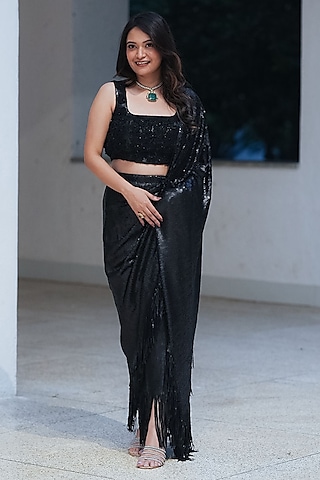 Matt Black Sequins Pre-Stitched Draped Party Wear Saree Set by Pooja ...