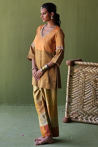 Orange Gold Handwoven Tissue Thread Embroidered Co-Ord Set by Pooja ...