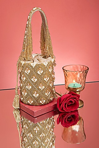 Gold Faux Leather Embellished Round Potli Bag by POUT AT NINE at Pernia ...