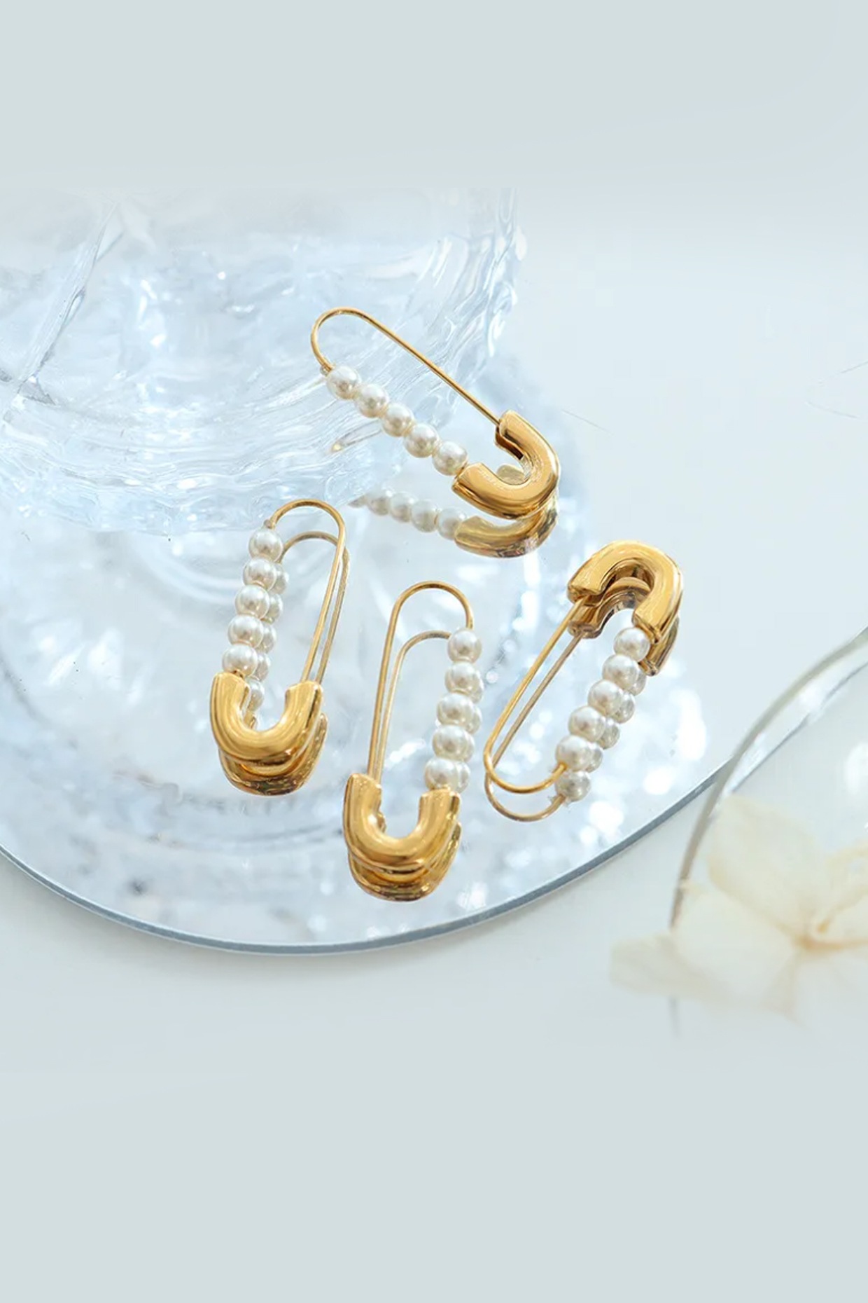 Gold Plated Pearl Safety Pin Dangler Earrings by Peachy Accessories at ...