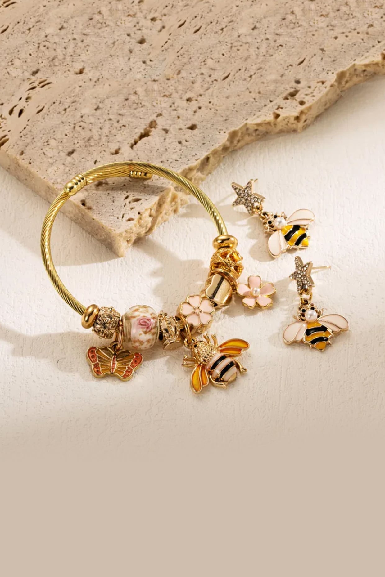Gold Plated Yellow Bee Bracelet With Earrings by Peachy Accessories at Pernia's Pop Up Shop 2025