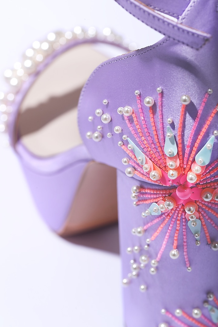 Lilac Artificial Satin Glass Bead Hand Embellished Platform Block Heels ...