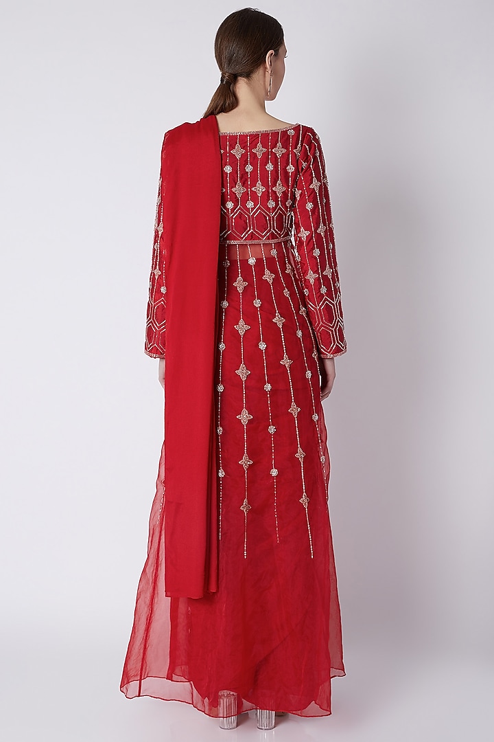 Red Raw Silk & Crepe Embroidered Jacket Saree Set by MASUMI MEWAWALLA ...