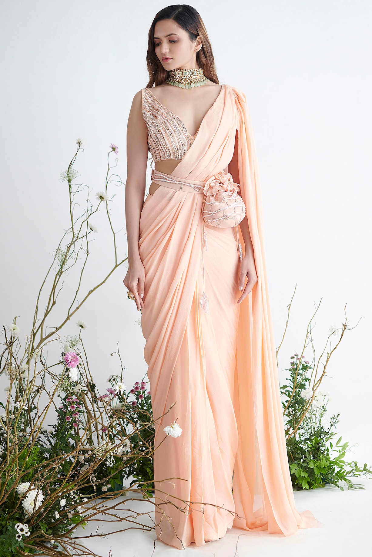 Peach Embroidered Saree Set by MASUMI MEWAWALLA at Pernia's Pop Up Shop ...
