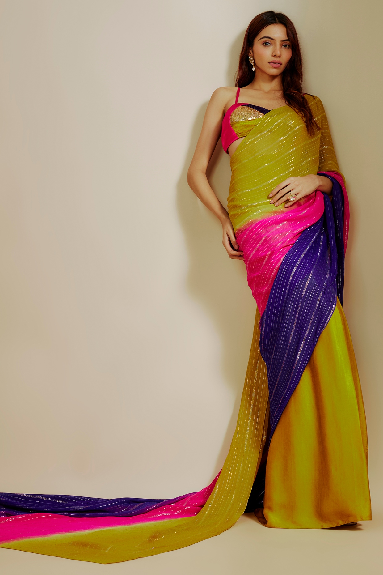 Mustard Georgette & Mashru Ombre Saree Set by MASUMI MEWAWALLA at ...