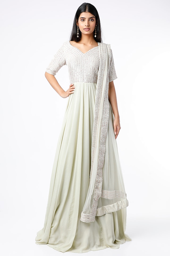Sage Green Embroidered Anarkali Set by MASUMI MEWAWALLA at Pernia's Pop ...