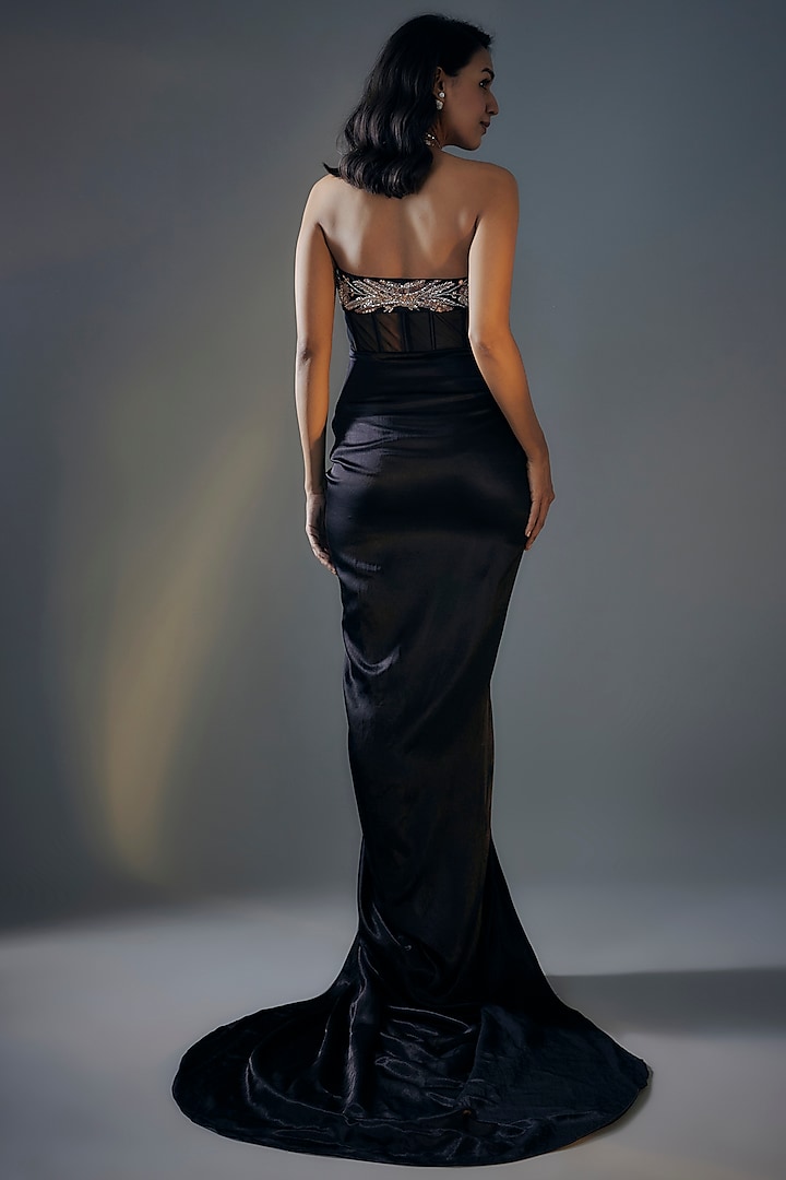 Black Mashru Silk & Net Hand Embroidered Corset Gown by MASUMI ...