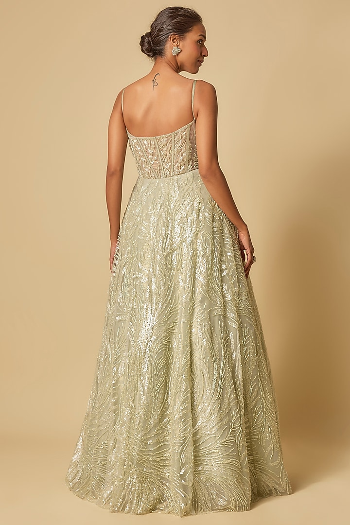 Sage Green Tulle & Paper Tissue Embroidered Engagement Gown With Cape ...