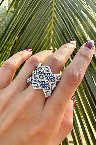 White Finish Diamond & Deep Blue Stone Ring In Sterling Silver by PRATA ...