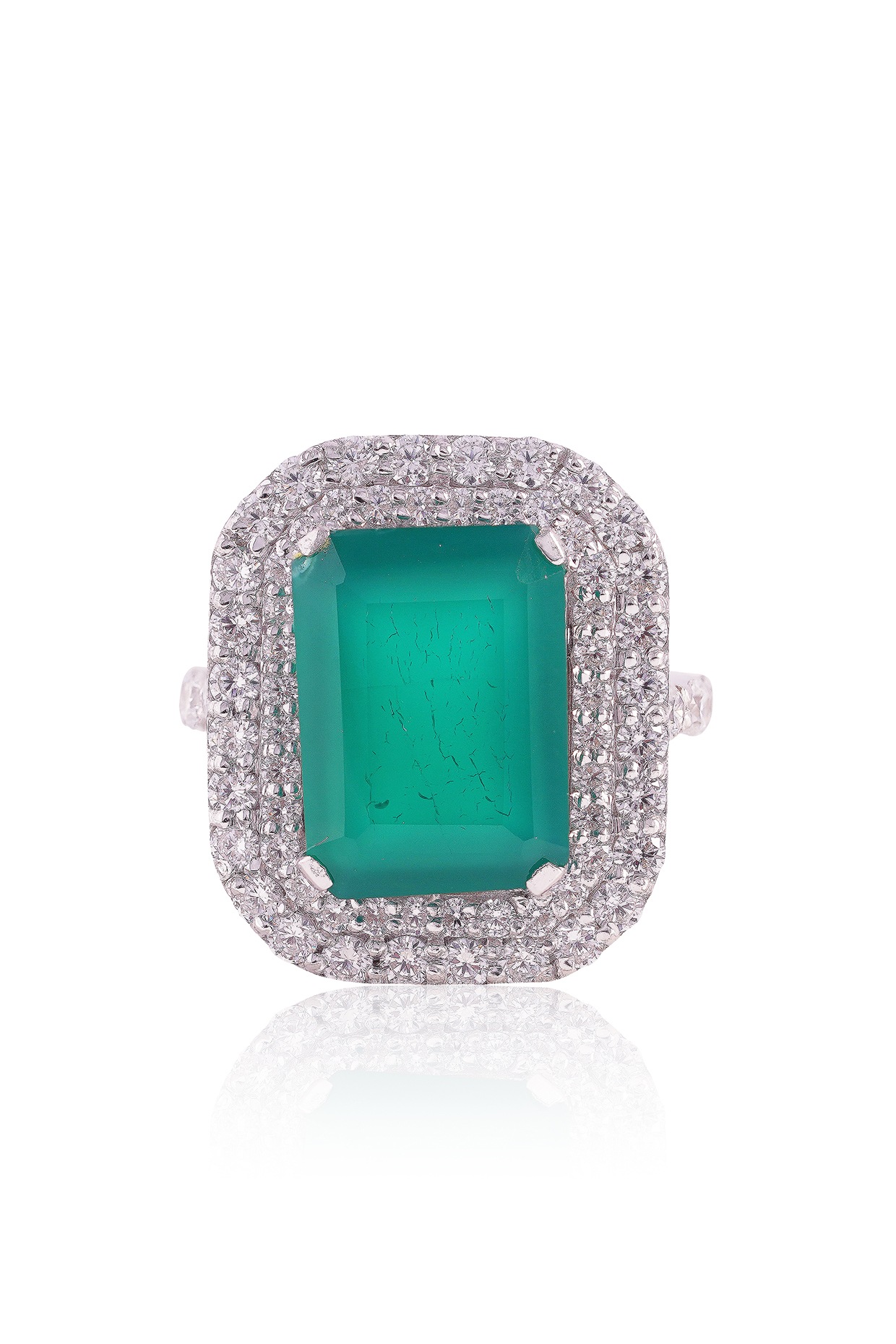 White Finish Cubic Zirconia & Doublet Emerald Stone Ring In Sterling ...