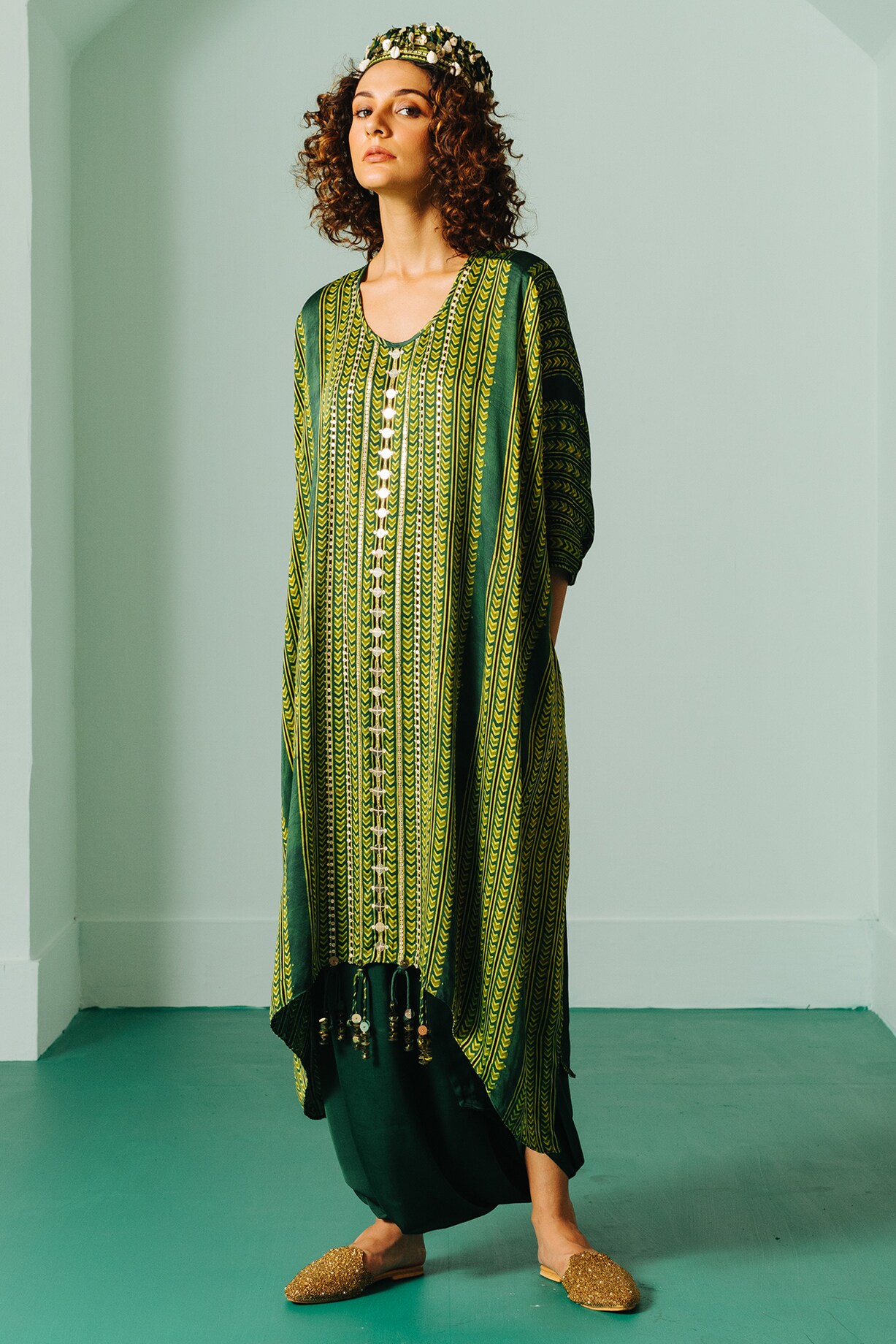 Green Satin Embroidered Asymmetric Kaftan Set Design By Prahnaaya At