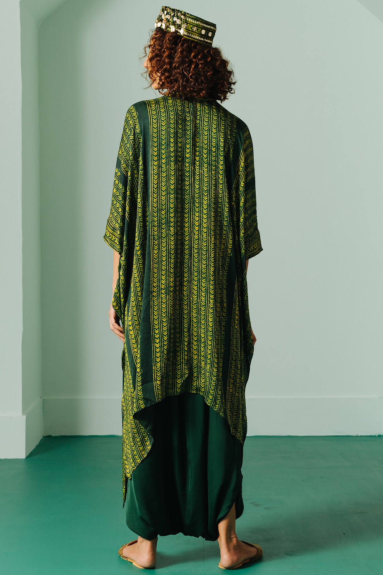 Green Satin Embroidered Asymmetric Kaftan Set Design By Prahnaaya At