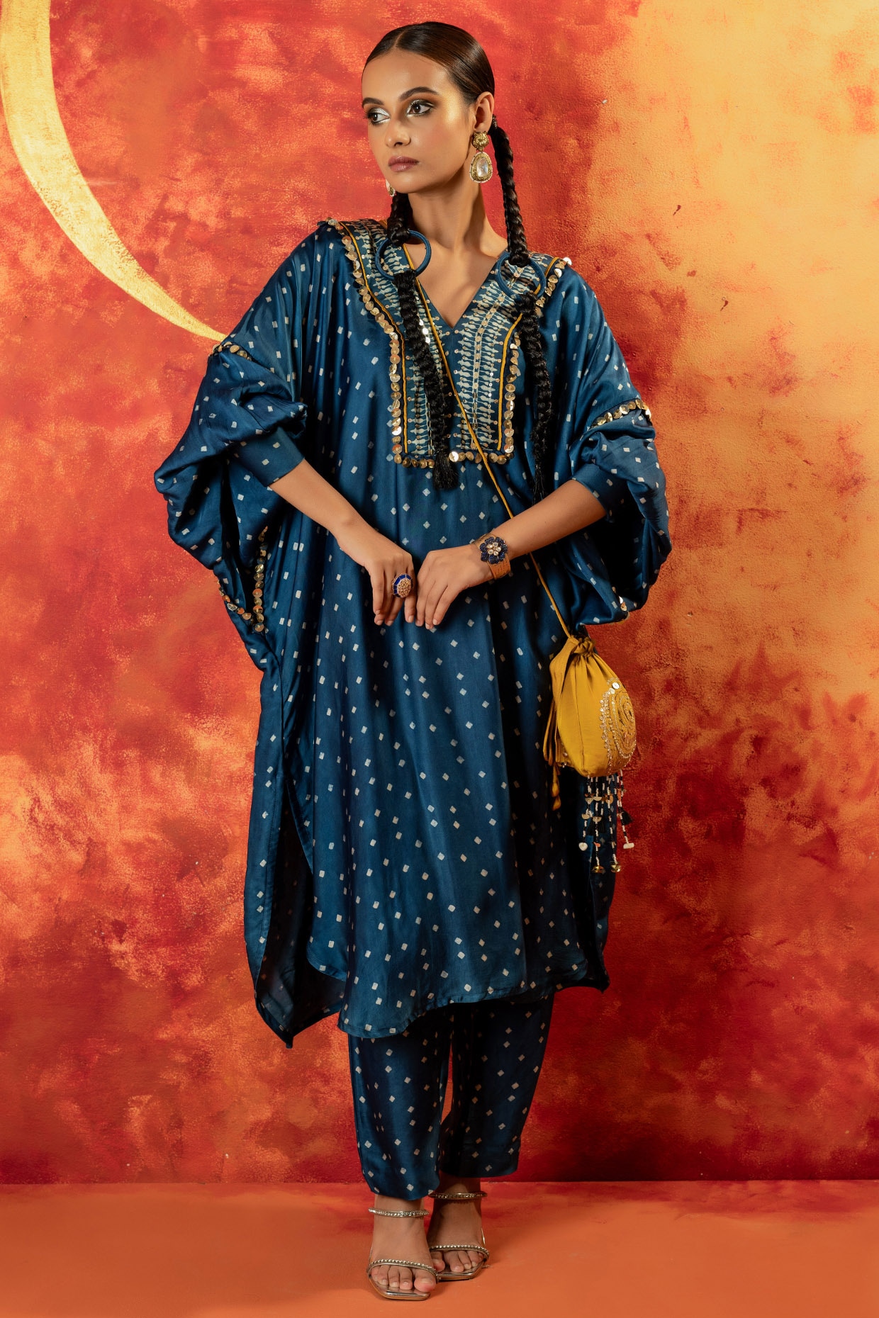 Indigo Blue Ajrakh Hand Block Satin Sequins Embroidered Kurta Set by ...