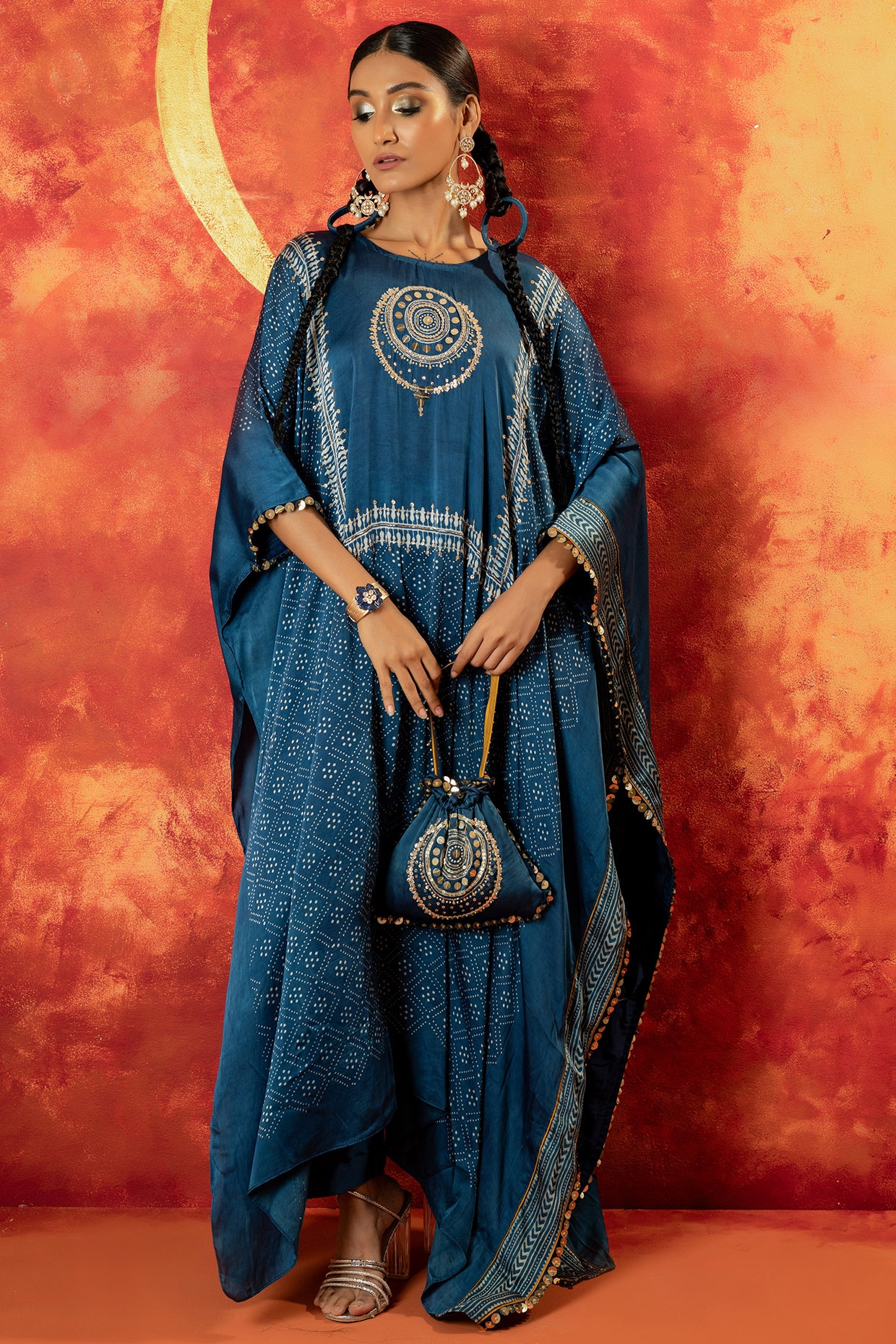 Indigo Blue Ajrakh Hand Block Satin Kaftan Set by Prahnaaya at Pernia's ...