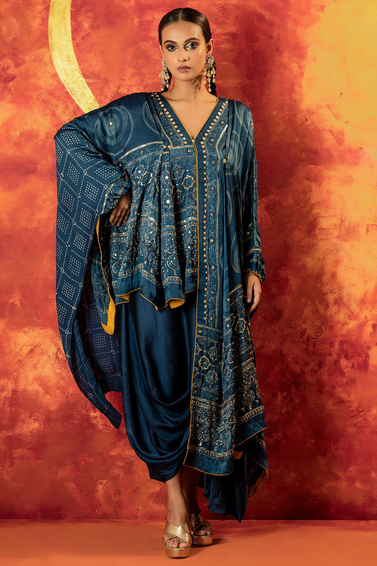 Indigo Blue Ajrakh Hand Block Satin Pleated High-Low Kaftan Set by ...
