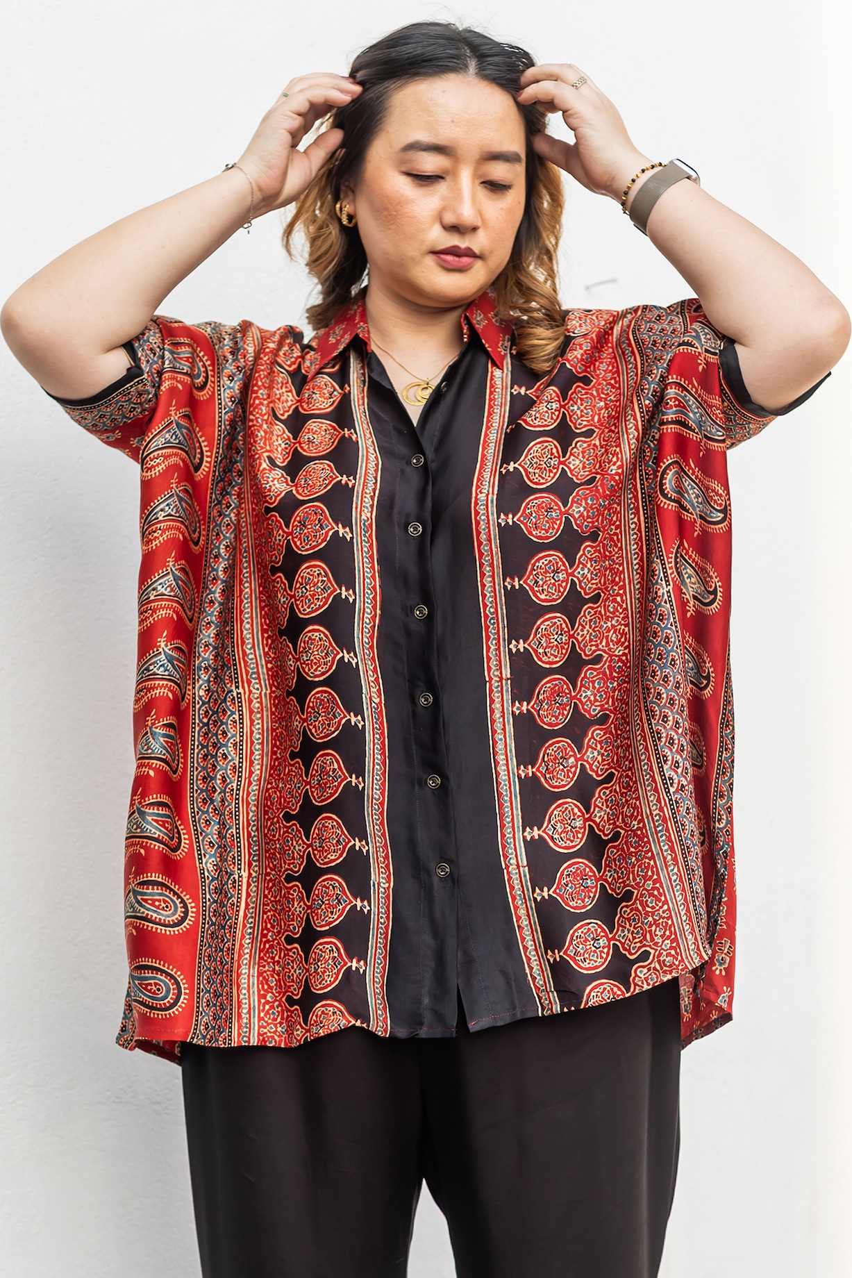 Red & Black Ajrakh Satin Hand-Block Printed Co-Ord Set by Prahnaaya at ...