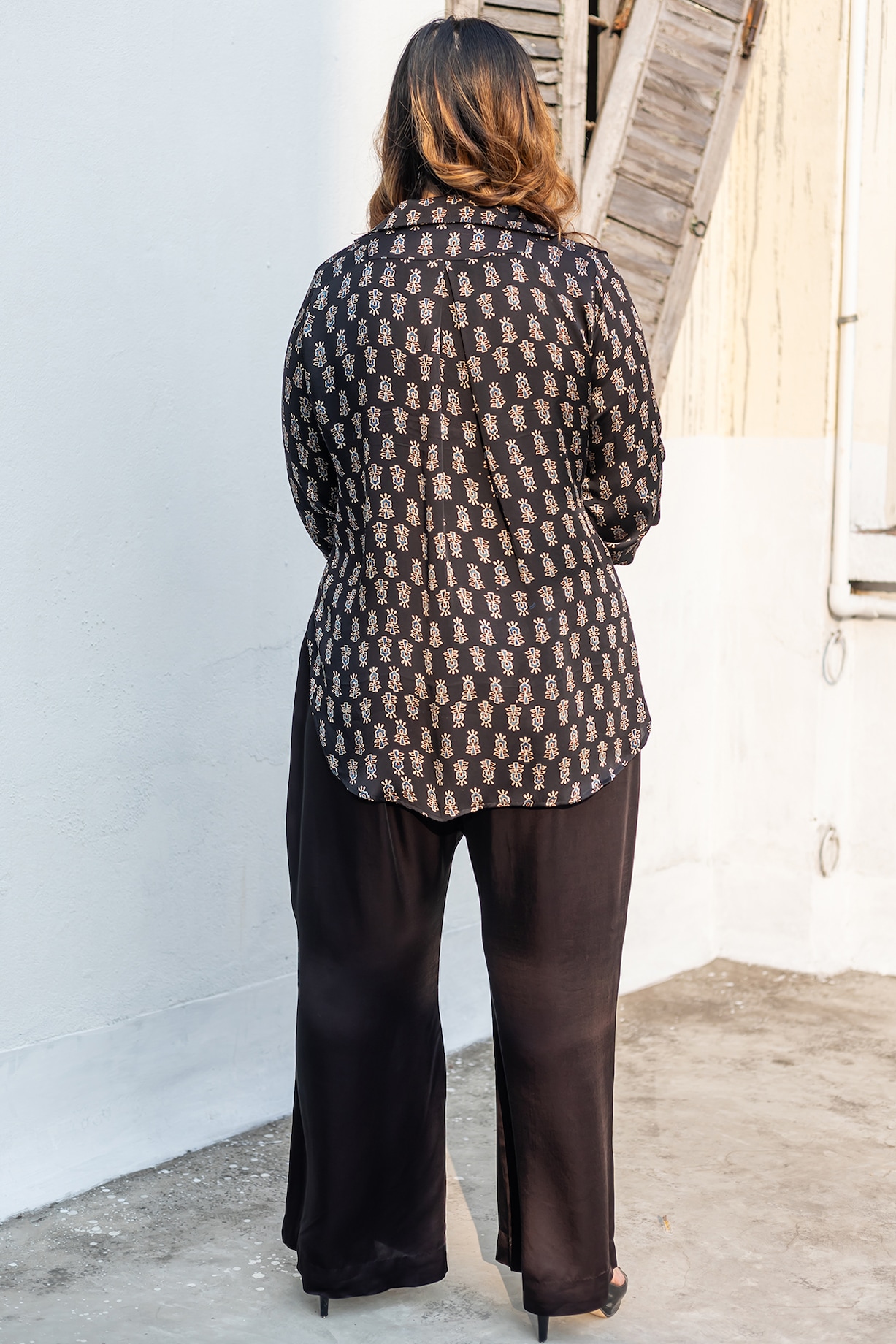 Black Ajrakh Satin Hand-Block Printed Co-Ord Set by Prahnaaya at Pernia ...