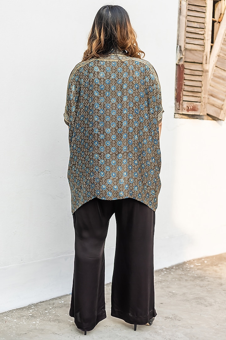 Beige & Black Ajrakh Satin Hand-Block Printed Co-Ord Set by Prahnaaya ...