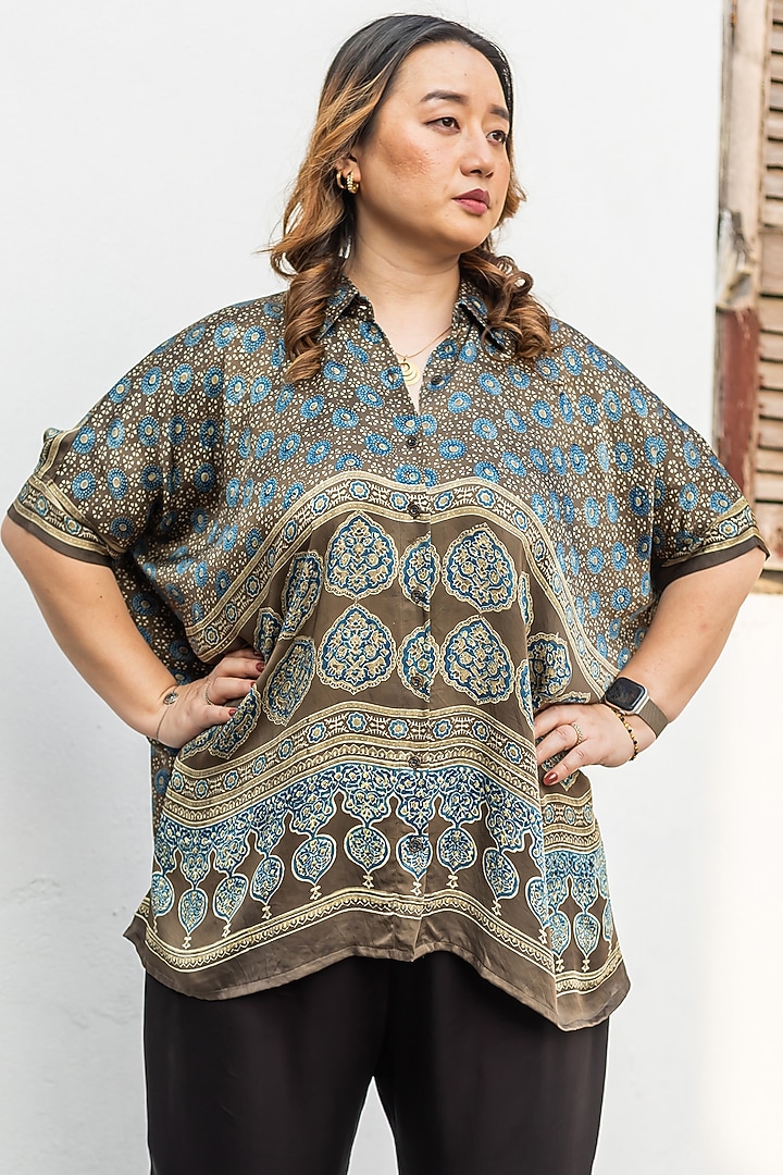 Beige & Black Ajrakh Satin Hand-Block Printed Co-Ord Set by Prahnaaya ...