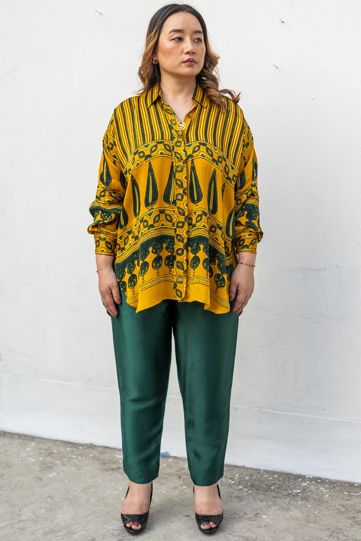 Yellow & Green Ajrakh Satin Hand-Block Printed Co-Ord Set by Prahnaaya ...