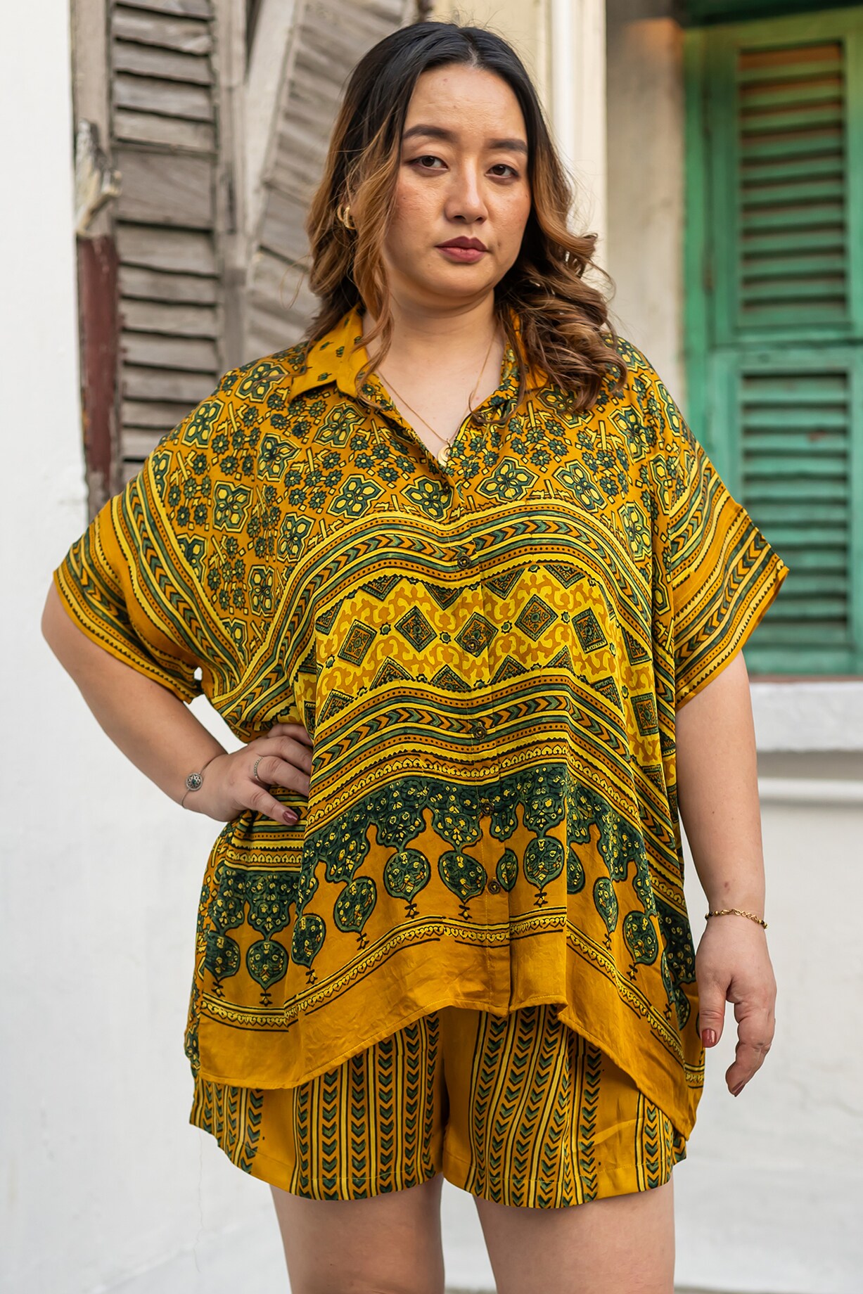 Yellow Ajrakh Satin Hand-Block Printed Co-Ord Set by Prahnaaya at ...