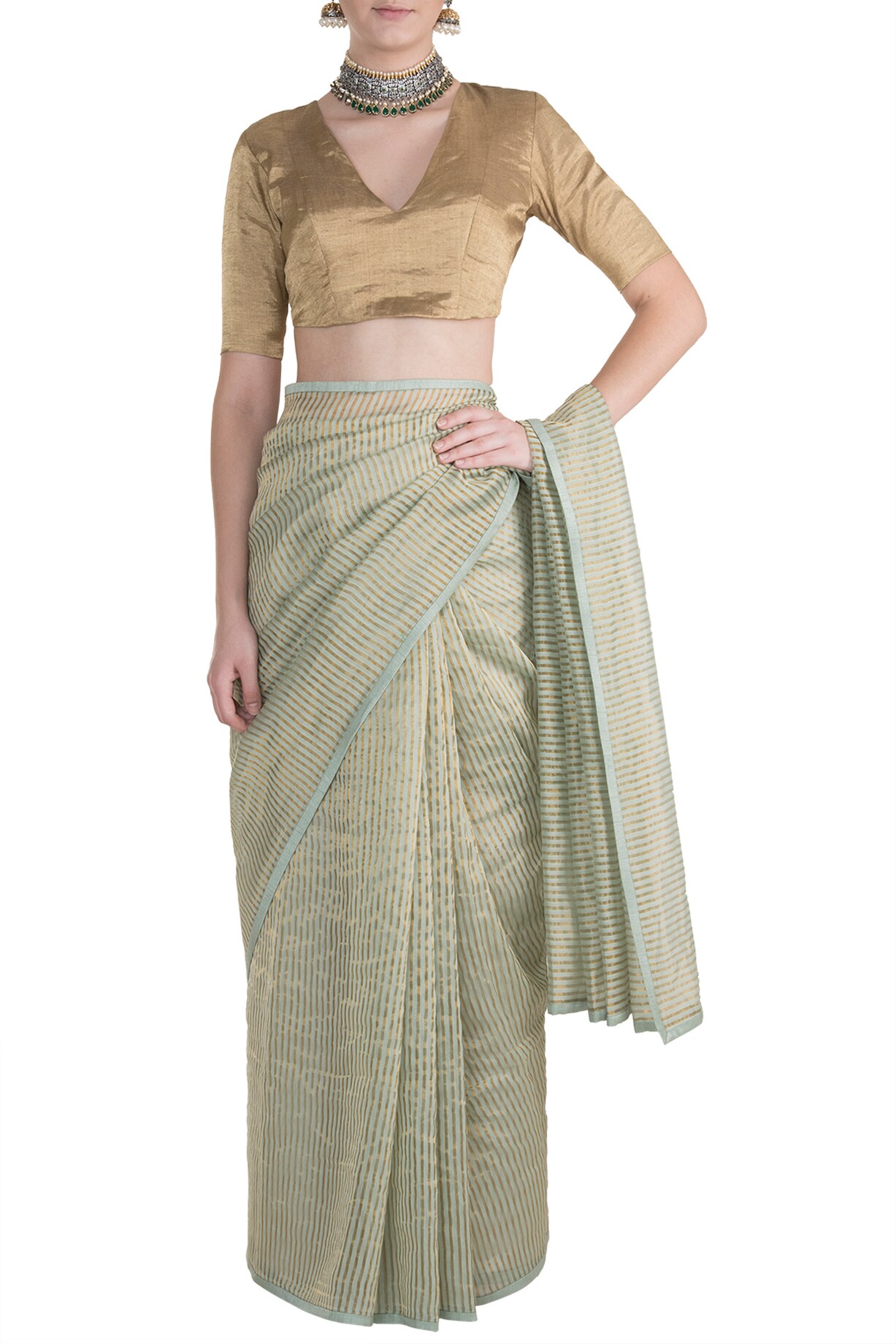 Green Chanderi Silk Striped Saree by Pranay Baidya at Pernia's Pop Up ...