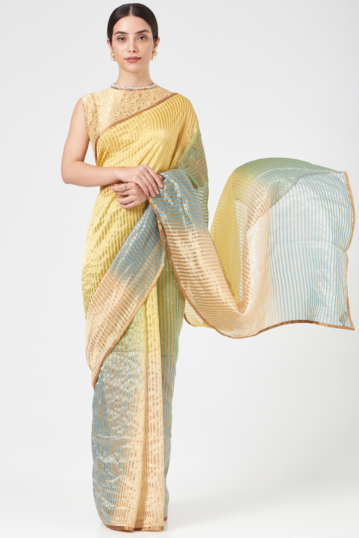 Yellow & Light Blue Chanderi Saree by Pranay Baidya at Pernia's Pop Up ...