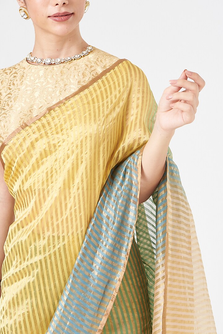 Yellow & Light Blue Chanderi Saree by Pranay Baidya at Pernia's Pop Up ...