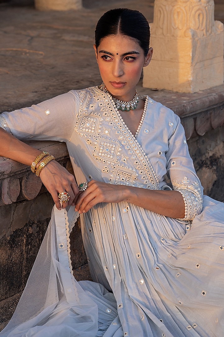Ice Blue Cotton Mulmul Thread & Mirror Work Angrakha Anarkali Set by ...