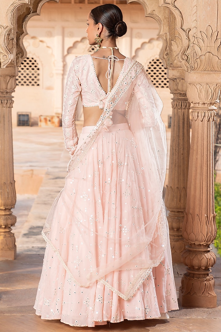 Blush Pink Cotton Mulmul Thread & Mirror Embroidered Lehenga Set by ...