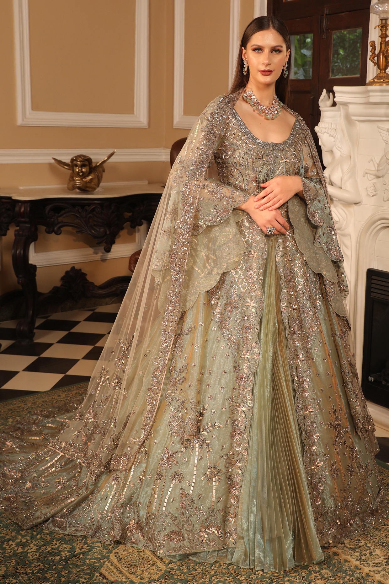 Mint Green Satin Organza Crystal Embroidered Jacket Bridal Lehenga Set ...