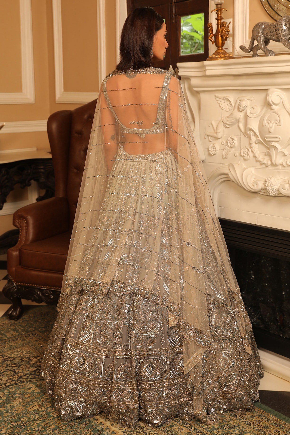 Sage Green Ombre Net Crystal Sequins Embroidered Bridal Lehenga Set by ...