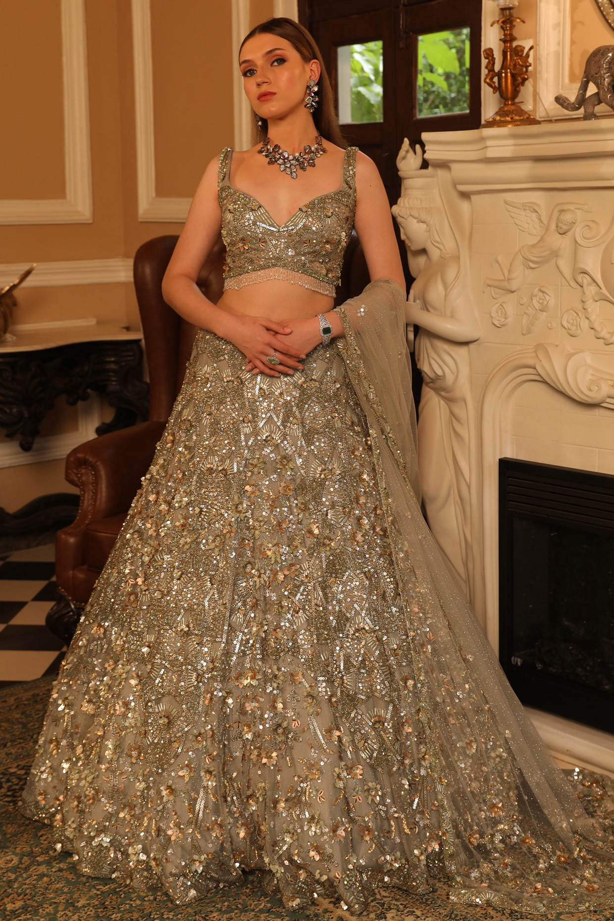 Mint Green Net Crystal Sequins Embroidered Bridal Lehenga Set by PRESTO ...