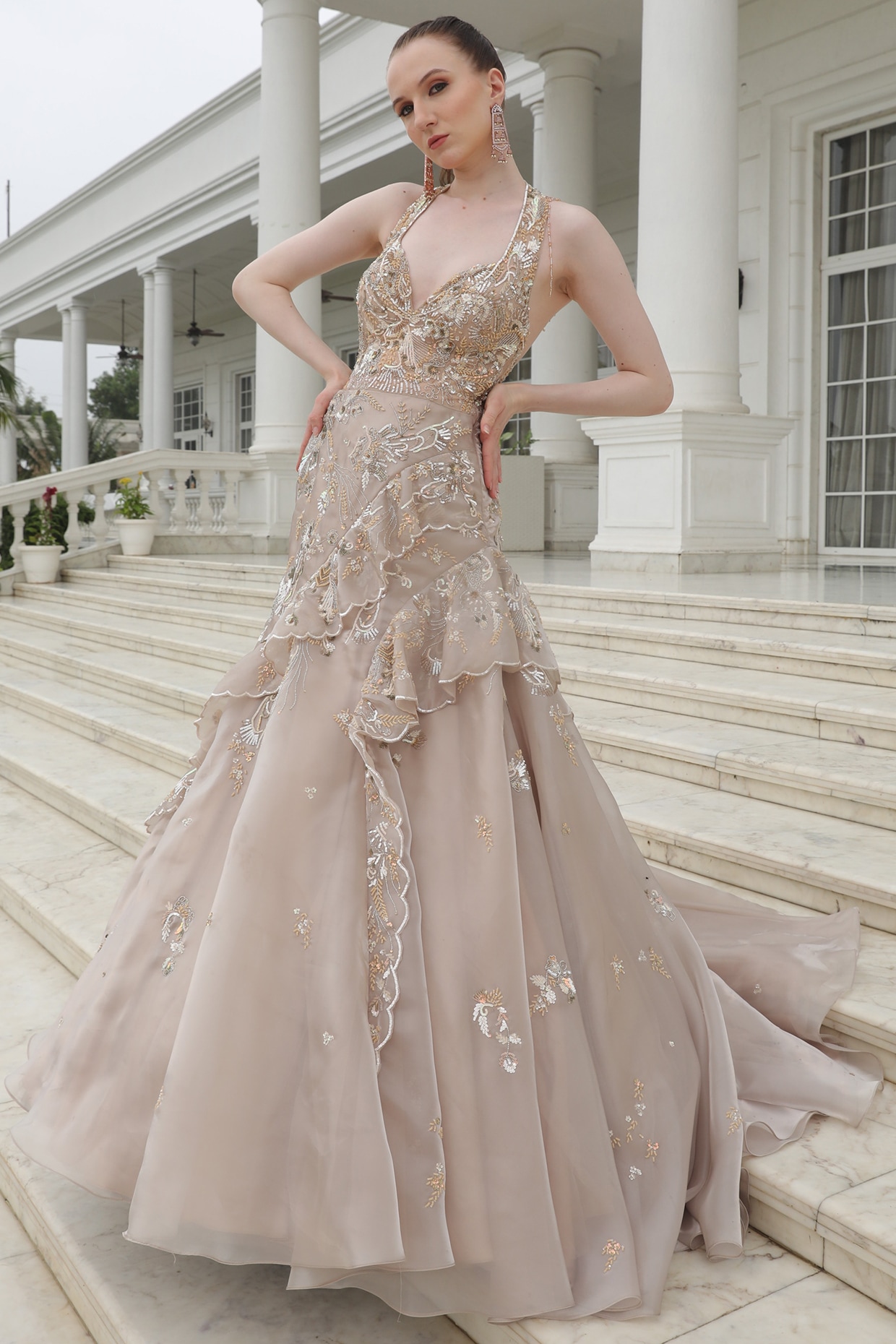 Beige Satin Organza Crystal Tassels Mermaid-Cut Gown by PRESTO COUTURE ...