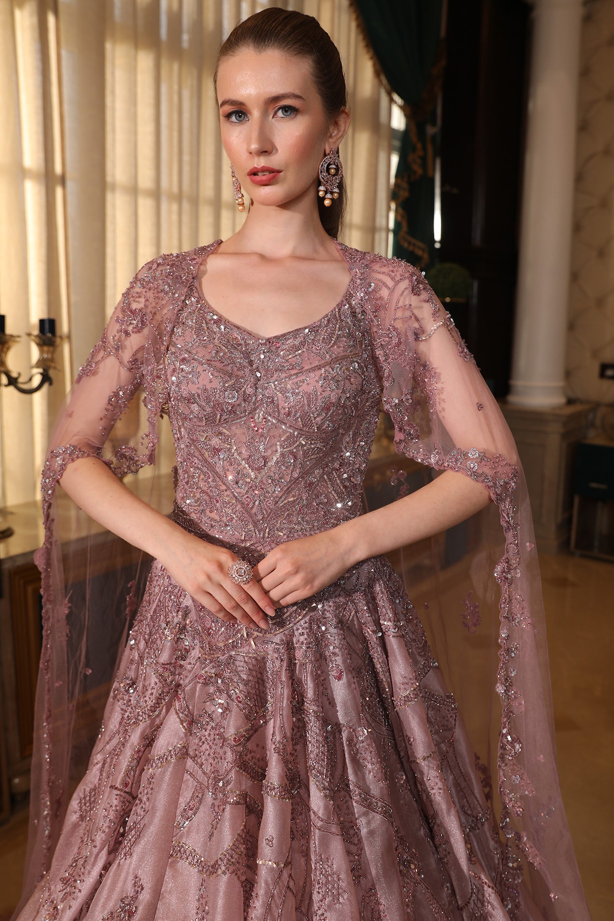 Pink Tissue Organza Crystal Tassels Embroidered Flared Cape Gown by ...