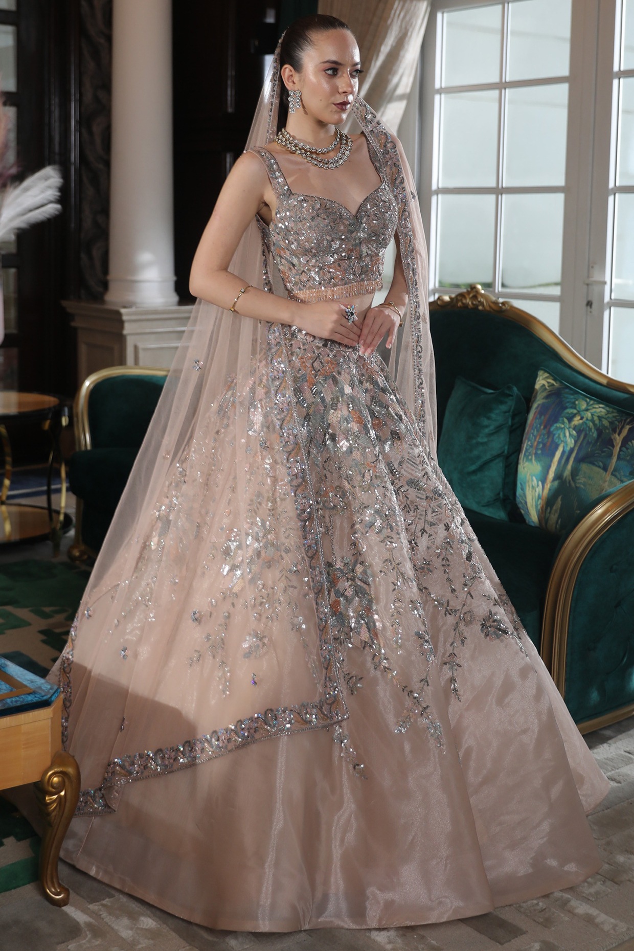 Peach Tissue Organza Crystal Embroidered Bridal Lehenga Set by PRESTO ...