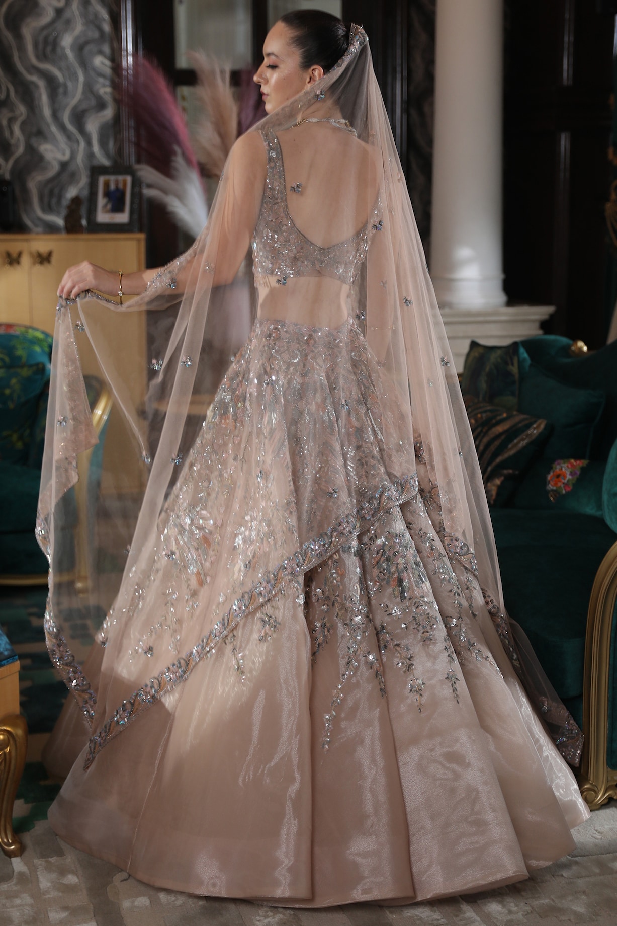 Peach Tissue Organza Crystal Embroidered Bridal Lehenga Set by PRESTO ...