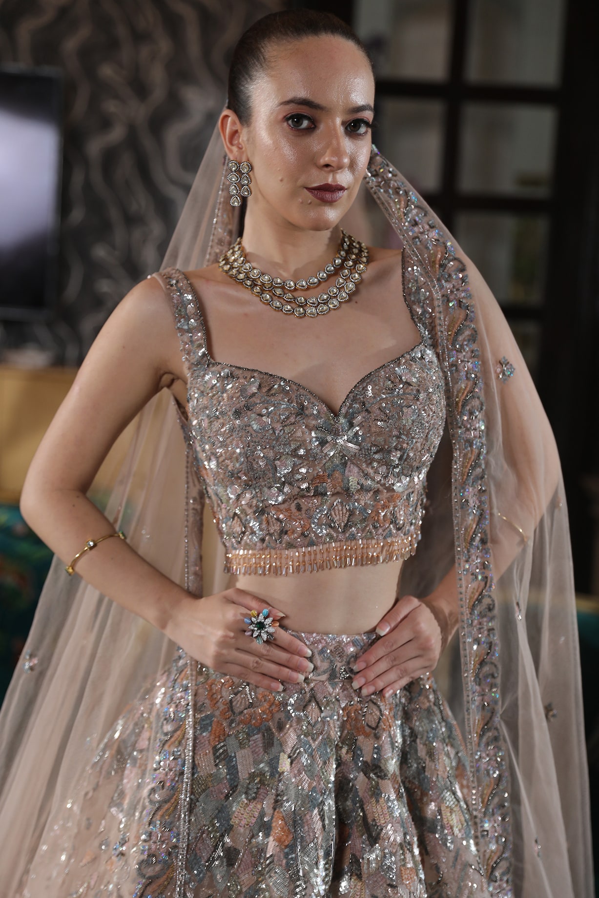 Peach Tissue Organza Crystal Embroidered Bridal Lehenga Set by PRESTO ...