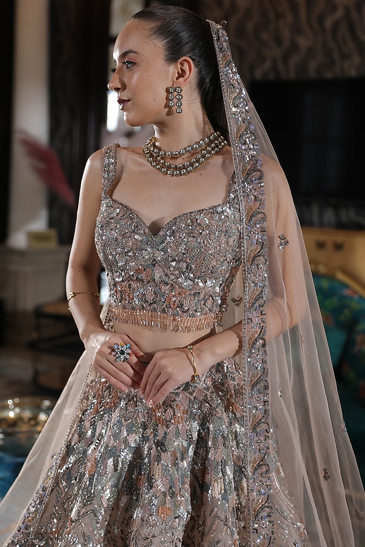 Peach Tissue Organza Crystal Embroidered Bridal Lehenga Set by PRESTO ...