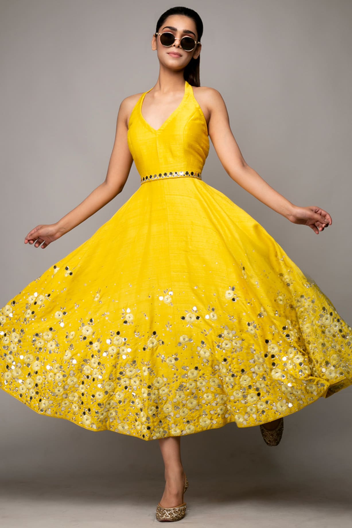 Yellow Embroidered Midi Dress by Prevasu at Pernia's Pop Up Shop 2025