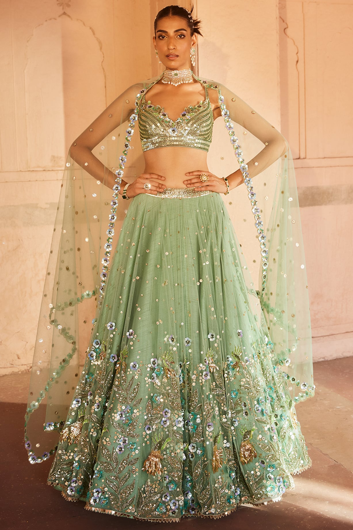 Soft Green Net & Silk Embroidered Bridal Lehenga Set by Prevasu at ...