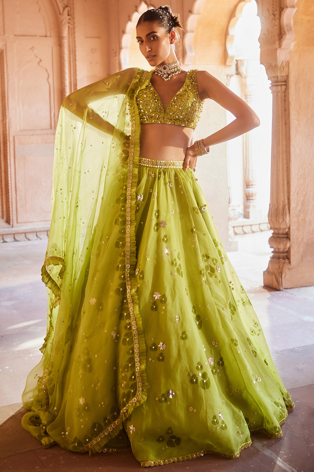 Lime Green Organza Printed And Embroidered Wedding Lehenga Set By Prevasu