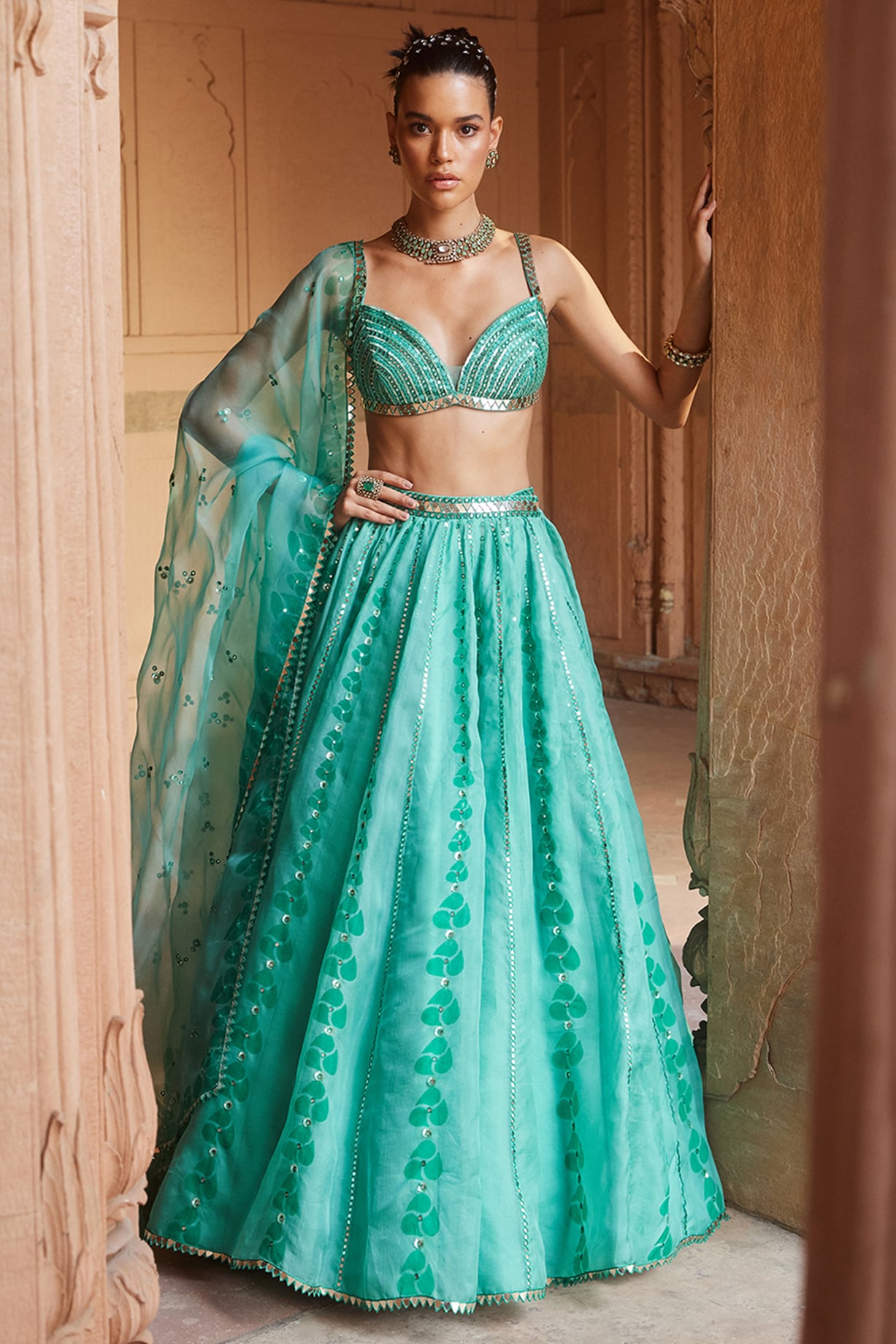 Aqua Green Organza Printed And Embroidered Wedding Lehenga Set By Prevasu