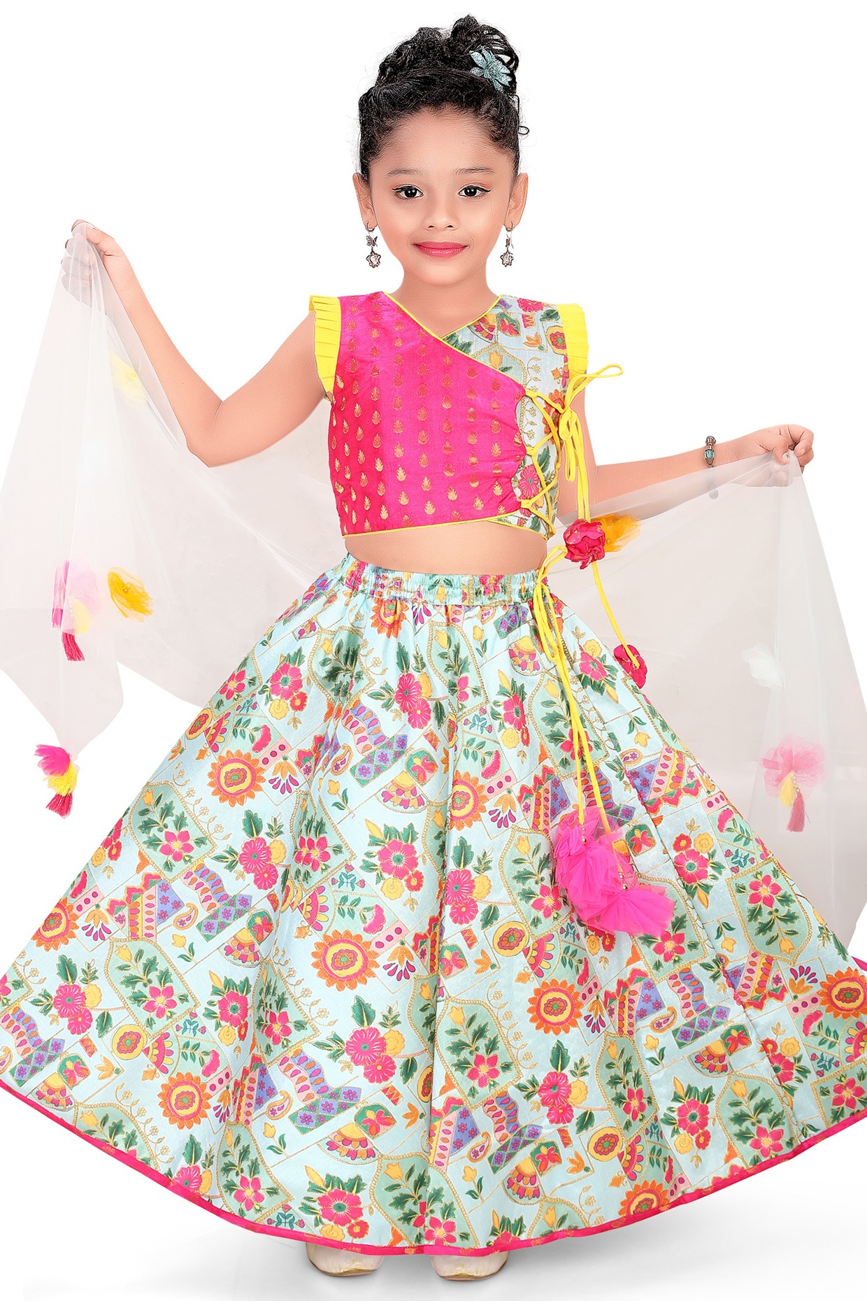Pink Silk Floral Printed Lehenga Set For Girls by Pragya exclusive at Pernia's Pop Up Shop 2025