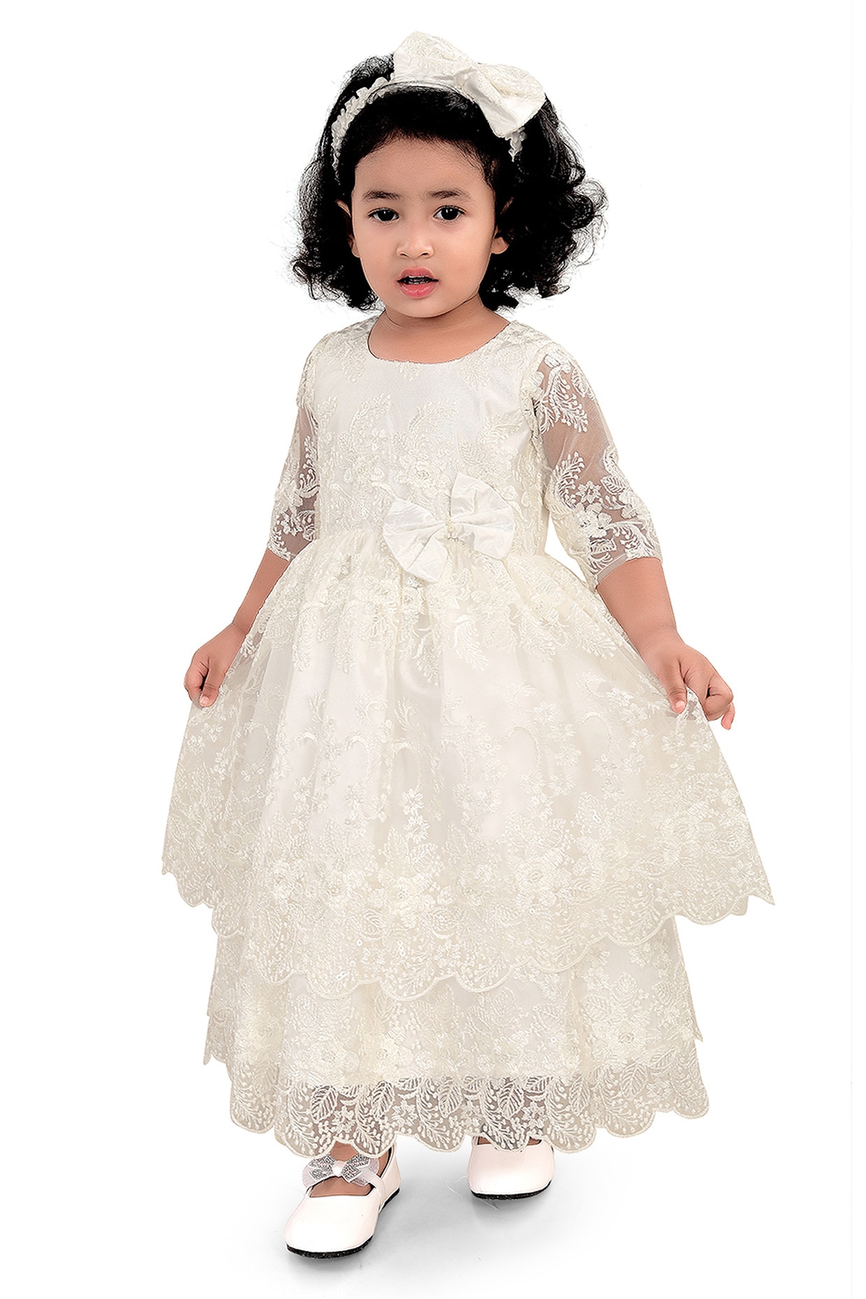 Off-White Crepe Sequins Embroidered Gown For Girls by Pragya exclusive at Pernia's Pop Up Shop 2025