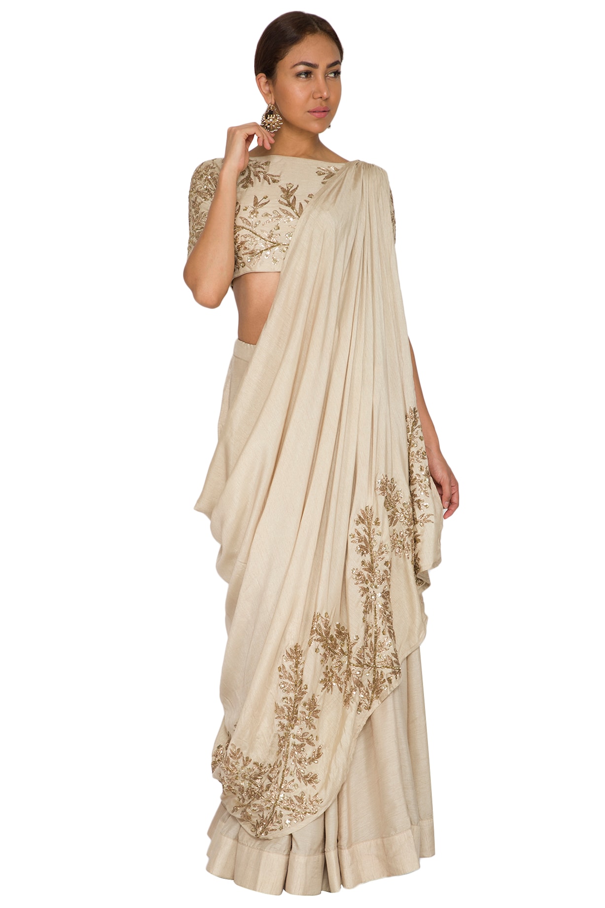 Champagne Gold Draped Saree With Skirt by at Pernia's Pop Up Shop 2025