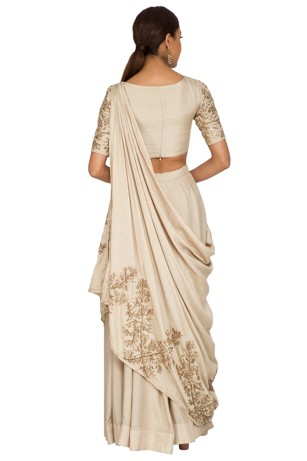 Champagne Gold Draped Saree With Skirt by at Pernia's Pop Up Shop 2025