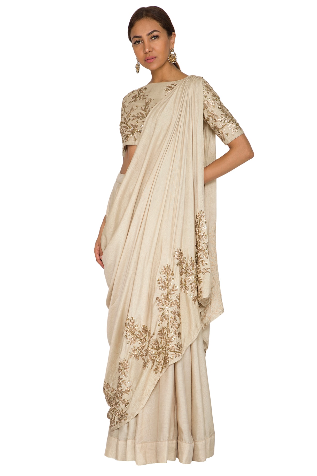 Champagne Gold Draped Saree With Skirt by at Pernia's Pop Up Shop 2025